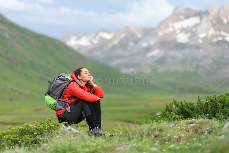 Hiker in Red Resting Enjoying in the Mountain Stock Photo - Image of ...