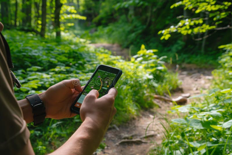 Hiker Using GPS on Smartphone in Forest Stock Photo - Image of dense ...