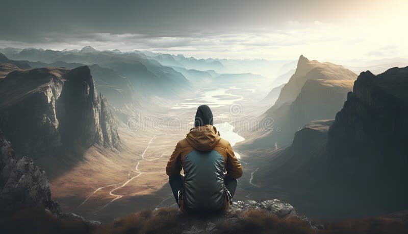 Hiker Sitting on the Edge of a Cliff and Looking at the Valley Stock Illustration - Illustration ...