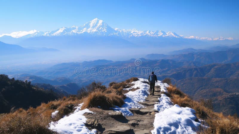 Hiker on Snowy Mountain Path with Panoramic View Stock Illustration ...