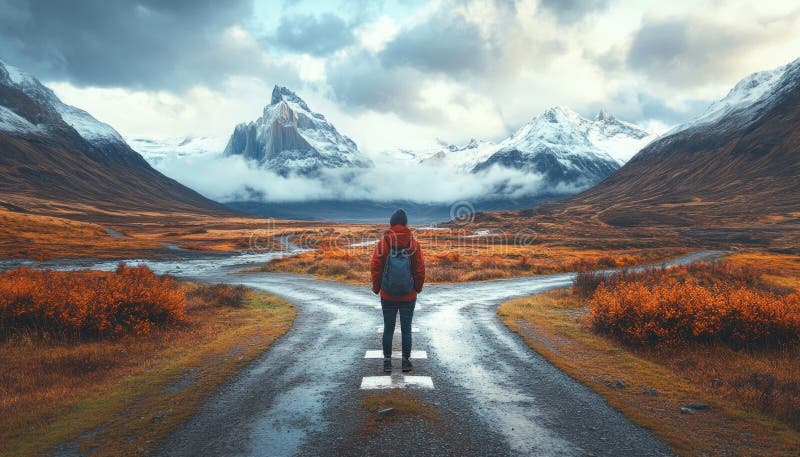 Hiker Standing at Fork Deciding Which Path To Take in the Mountains ...