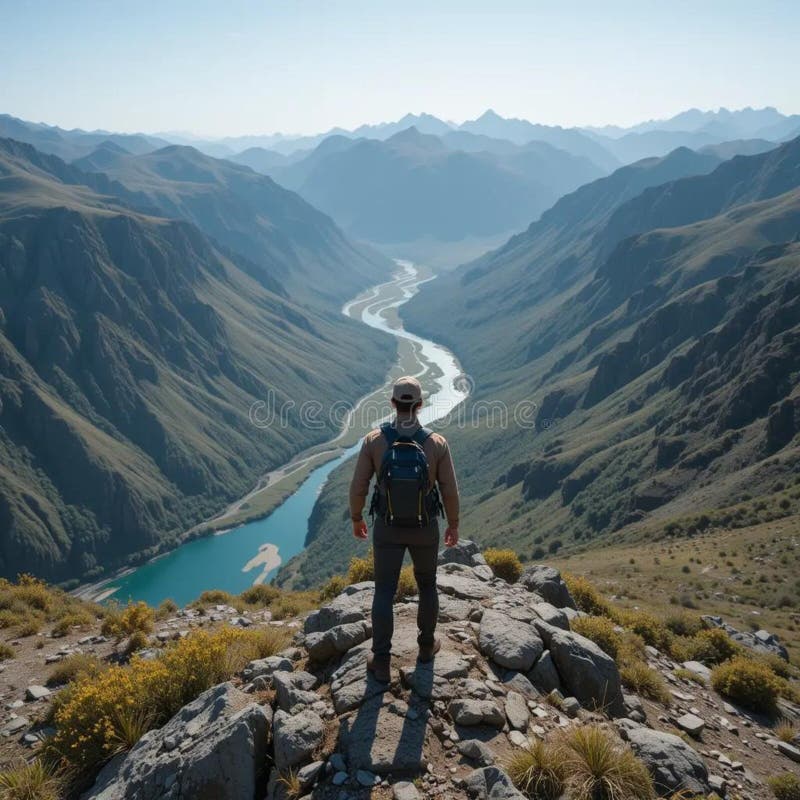 A Hiker Standing on a Mountain Ridge, Overlooking a Winding River Stock ...