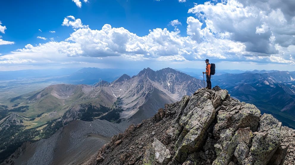 Hiker Standing on a Mountain Summit with a Panoramic View. Stock Image ...