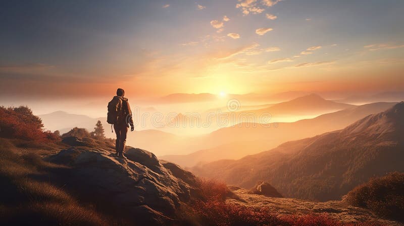 Hiker Standing on Top of Mountain with Beautiful Scenery AI Generative ...