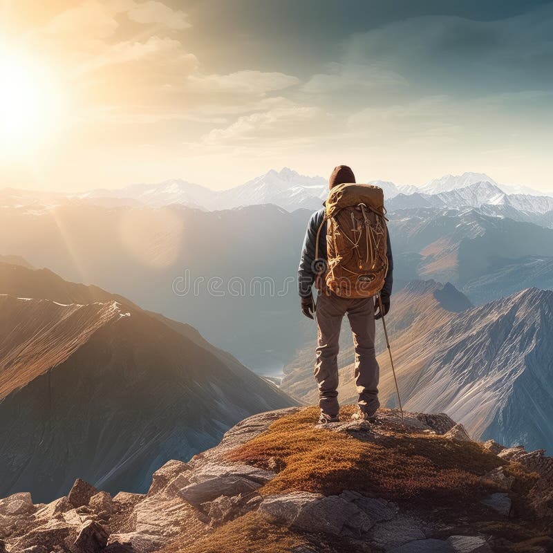Hiker Standing on Top of a Mountain Overlooking a Stunning View ...