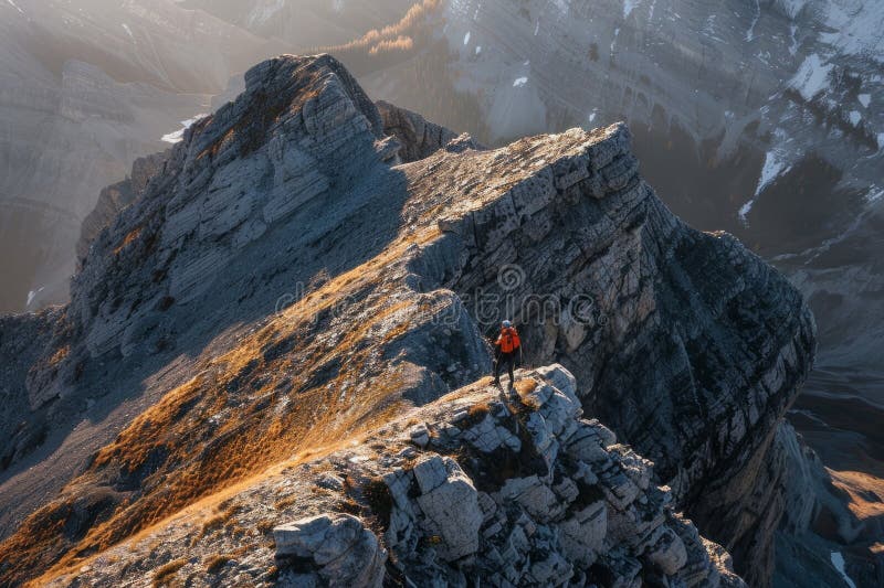 A Hiker is Standing on Top of a Mountain Summit, Captured in a Top-down ...