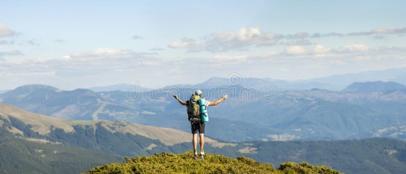 Hiker Standing on Top of Mountain. Unity with Nature Concept. Stock ...