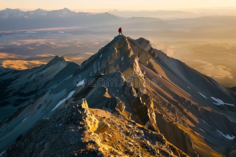 A Hiker Standing Triumphantly on the Summit of a Mountain, Captured in ...