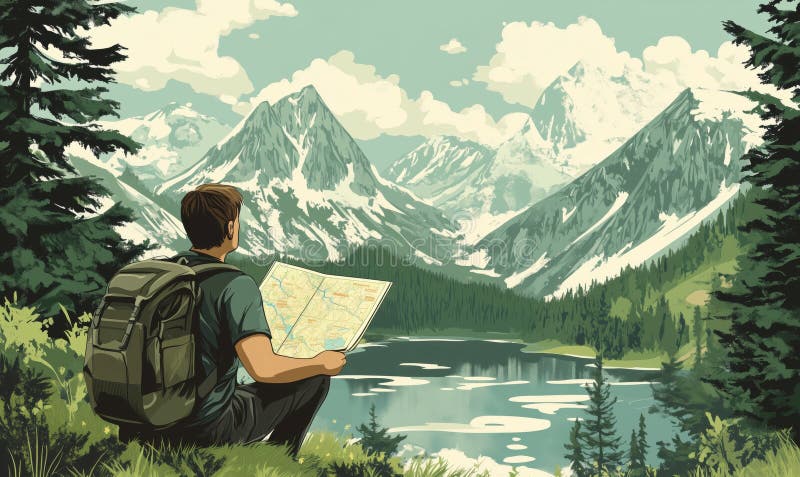 Hiker Studying Map in Scenic Mountain Landscape with Lake and Forest ...