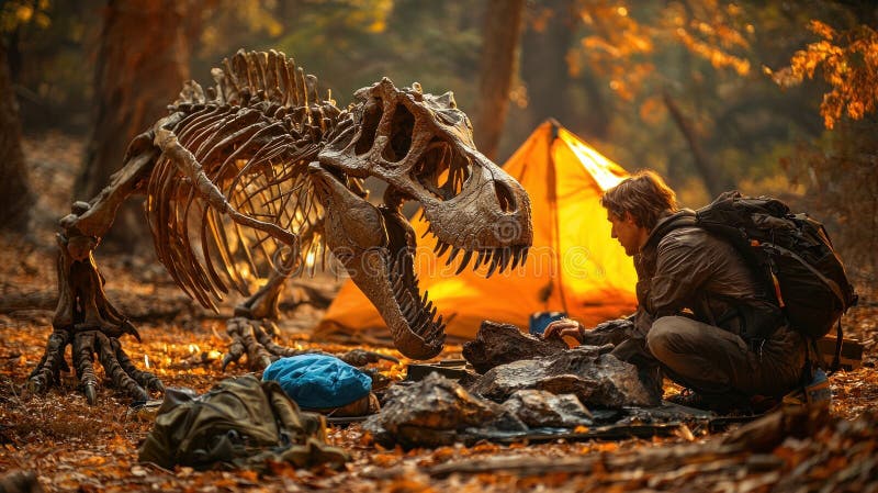A Hiker Encounters a T Rex Skeleton in the Woods while Camping Stock ...