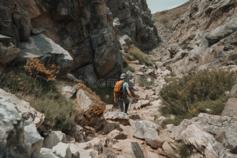 Hiker Traversing Rough and Rocky Terrain on the Trail Stock ...