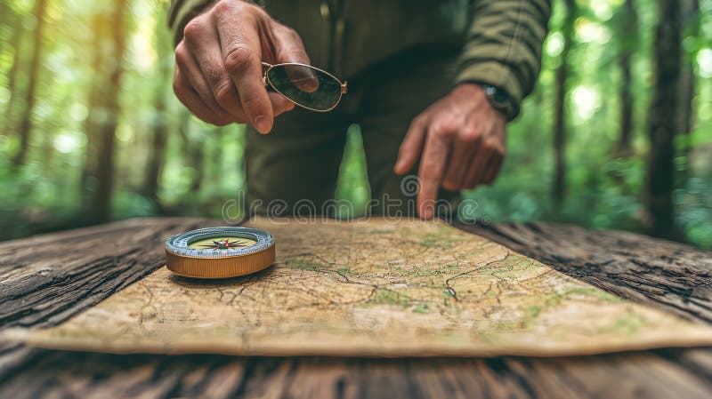 Forest Navigation with Compass and Map Stock Illustration ...
