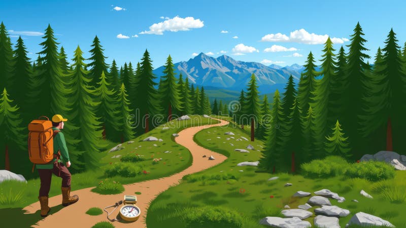Hiker Using Compass on a Dirt Trail through a Vibrant Forest with ...