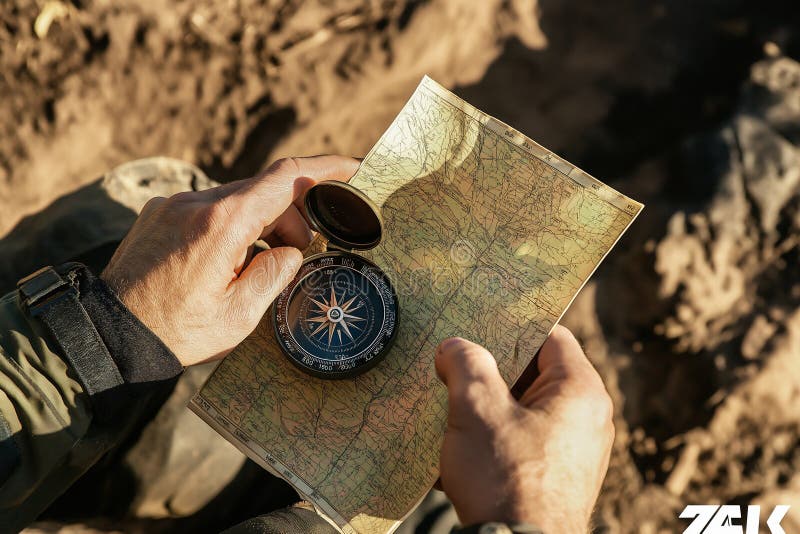 Hiker Using a Compass and Map To Navigate in a Remote Mountain Area ...