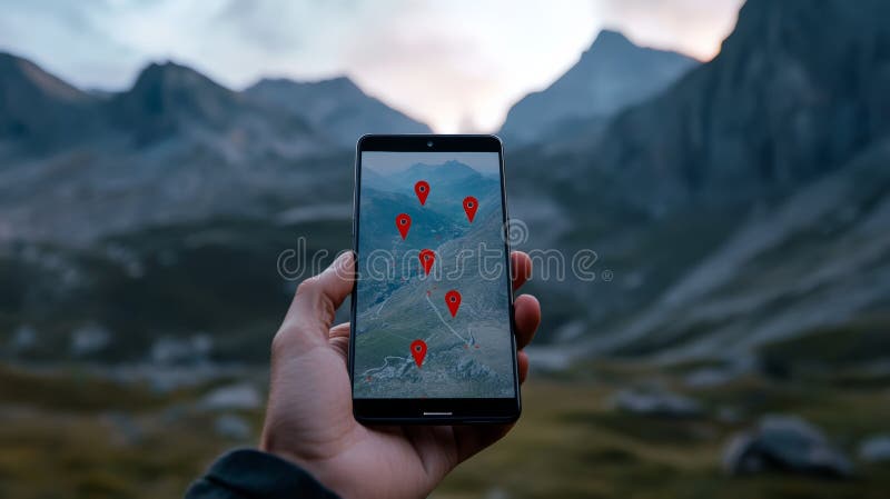 Hiker Using Smartphone Gps Navigation App in Mountain Valley Stock ...