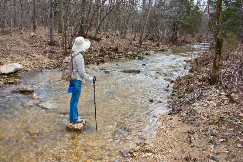 Hiker Walking Across A Stream. Stock Image - Image of running, forest ...