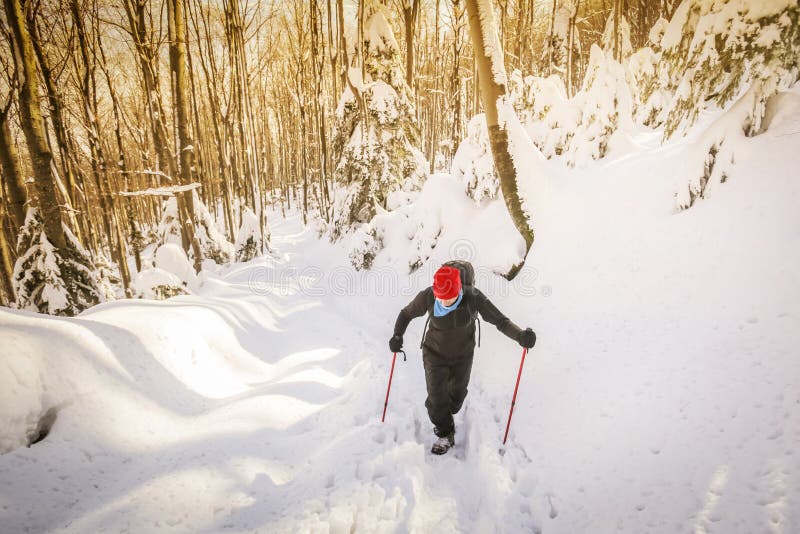 Hiker Walking on a Snowy Mountain Stock Photo - Image of deep, front ...