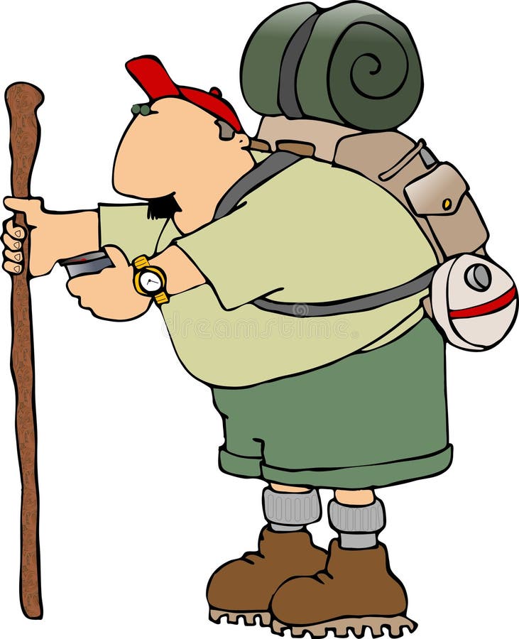 Hiker with a walking stick stock illustration. Illustration of male ...