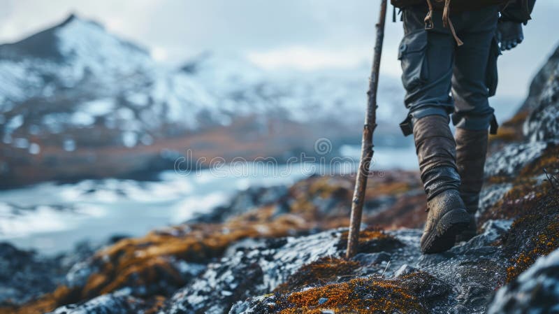 A Hiker with a Walking Stick on a Rocky Mountain. Stock Illustration ...