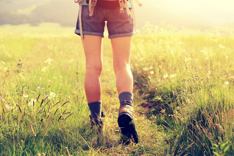 Hiker Walking on Trail in Grassland Stock Photo - Image of landscape ...