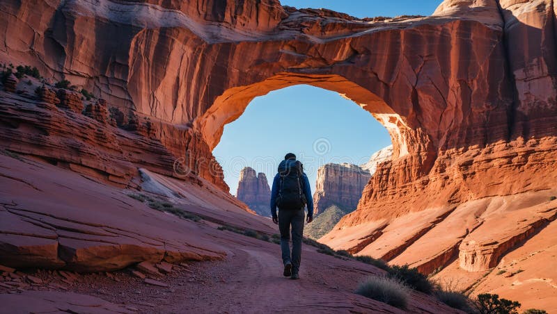 Hiker Walking Under Scenic Natural Bridge in the Desert Stock ...