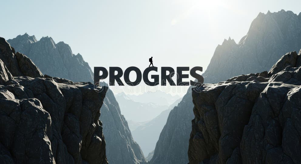 Silhouette of Hiker Walking on the Word Progres between Cliffs in a ...