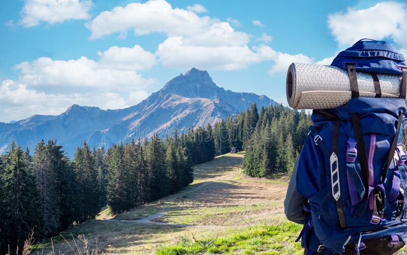 Hiker Woman in Mountains, Back View Stock Photo - Image of backpack ...