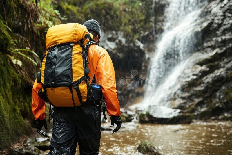 A Hiker with a Yellow Backpack Walks through a River in the Rain Stock ...