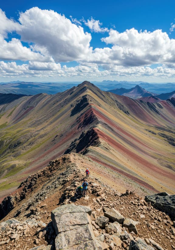 Hikers Ascending Colorful Mountain Ridge Stock Photo - Image of geology ...