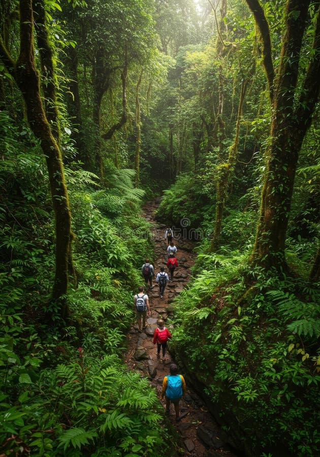 Hikers Ascending a Mossy Jungle Trail Stock Illustration - Illustration ...
