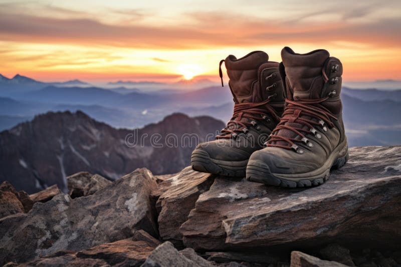 Hikers Boots Resting on a Rock at Sunset, with a Mountain Backdrop ...
