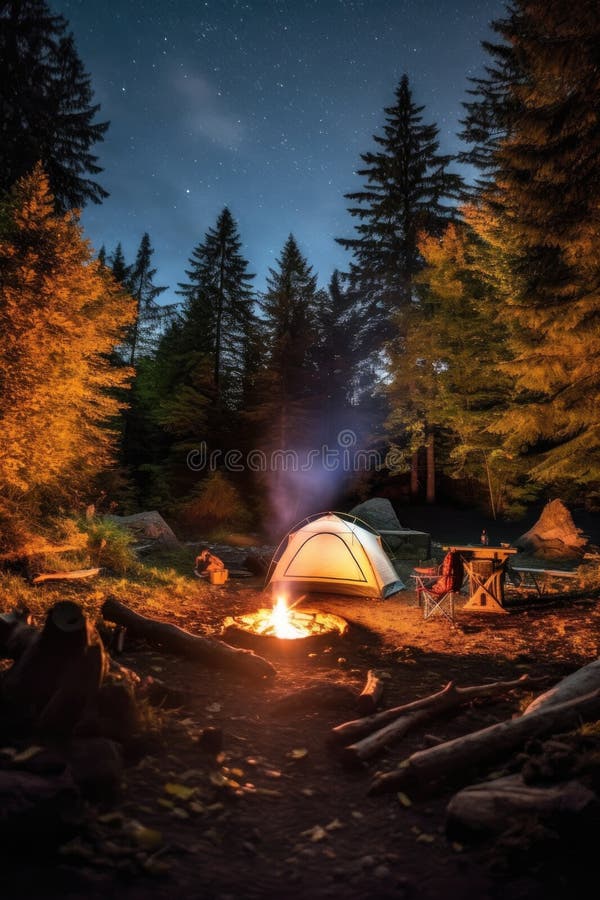 Hikers Campsite with Tent and Campfire Stock Image - Image of ...