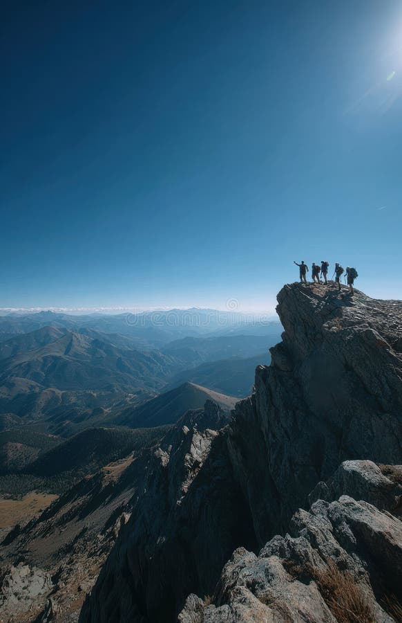 Hikers Celebrating Reaching Mountain Summit Under Blue Sky Stock Image ...