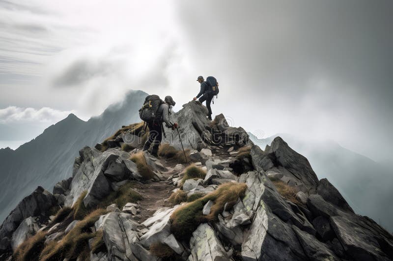Hikers Climbing on Mountain. Help, Risk and Support Concept. Neural ...
