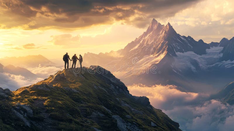 Hikers Conquer Mountain Summit at Sunset, Basking in the Glow of a ...