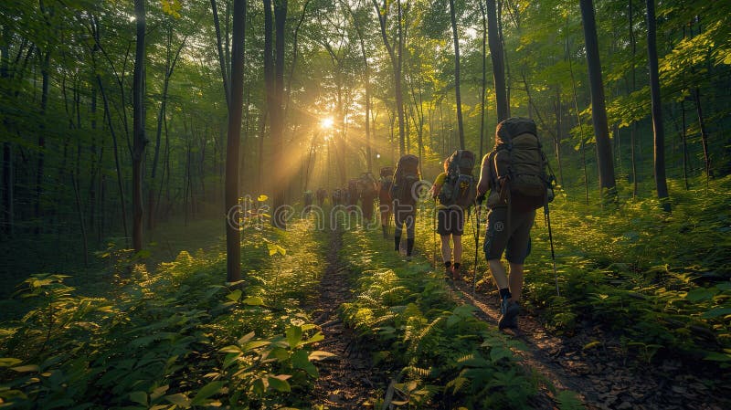 Hikers Enjoy a Serene Morning Walk in the Forest. Stock Illustration ...