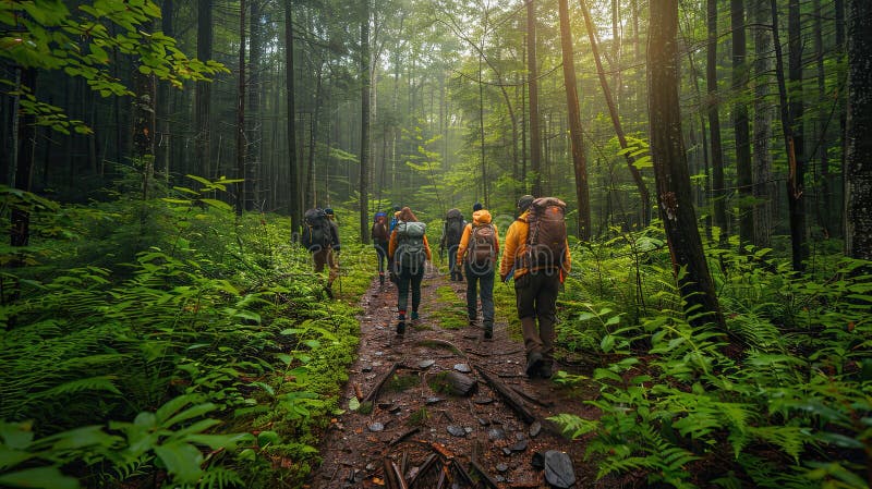 Hikers Enjoy a Serene Morning Walk in the Forest. Stock Illustration ...