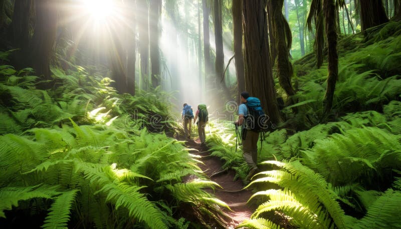 Hikers Exploring Sunlit Forest Trail Stock Image - Image of hiking ...