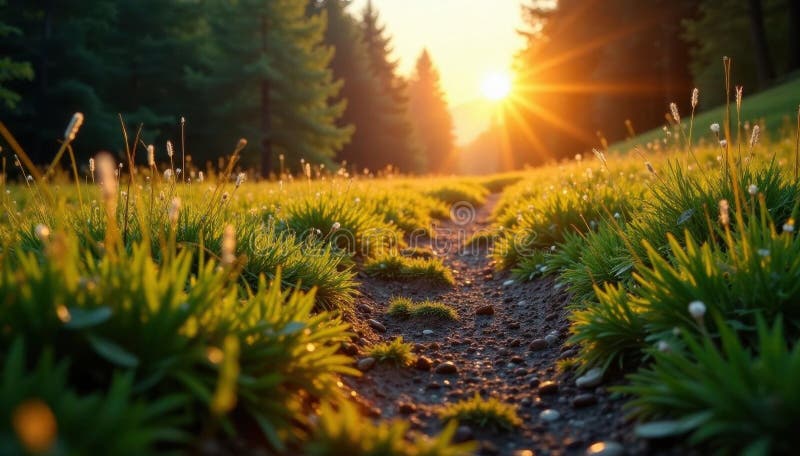 Hikers Footprints in Dew Covered Path, Rising Sun , Fresh, Vegetation ...