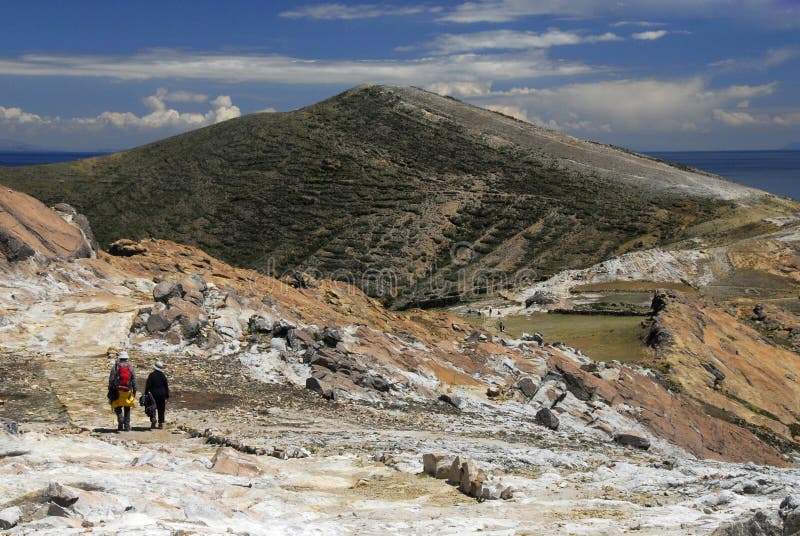 Hikers on Inca Trail on Isla Del Sol with Titicaca Stock Photo - Image ...