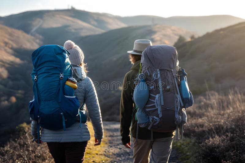 Hikers with Large Backpacks Walk on Path through Rolling Hills in Warm ...