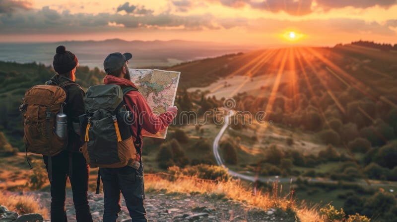 Hikers with Map Overlooking Sunset from Hilltop Stock Image - Image of ...