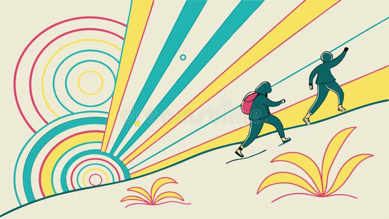 Hikers on Mountain Abstract Sun Rays, Vector Design Generative AI Stock ...