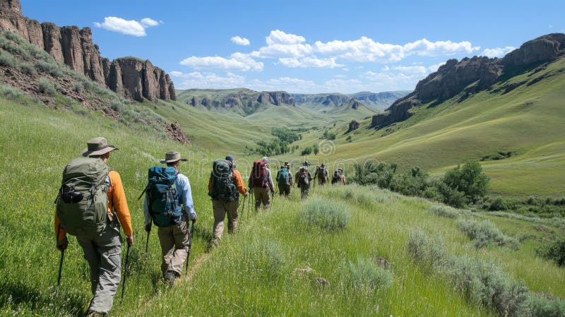 Hikers on a Mountain Trail in a Sunny Valley Stock Illustration ...