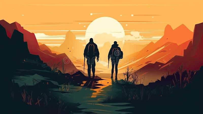 Hikers in the Mountains Walking on Path at Sunset Stock Illustration ...