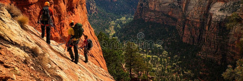Hikers on a Narrow Cliff Path Overlooking a Canyon Stock Image - Image ...