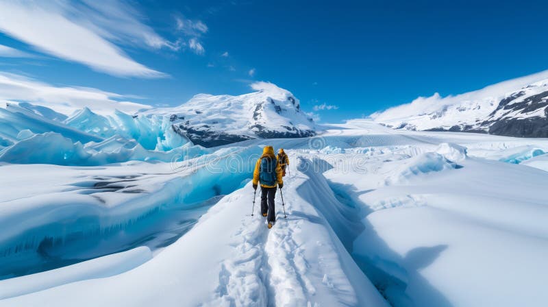 Hikers Navigate a Narrow Path through a Stunning Blue Ice Cave in ...