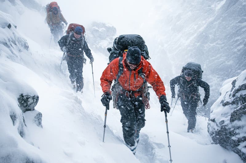 Hikers Navigating a Snowy Mountain Path during a Blizzard Stock ...