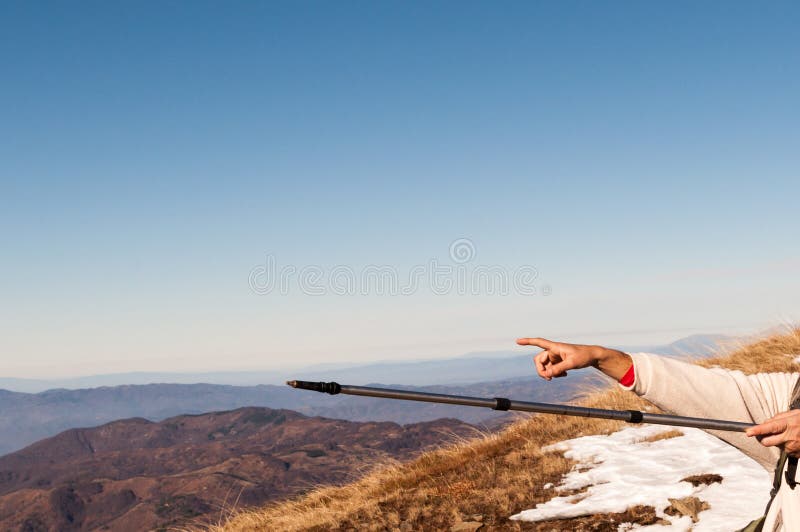 Hikers Pointing with Hiking Pole and Hand Stock Image - Image of winter ...