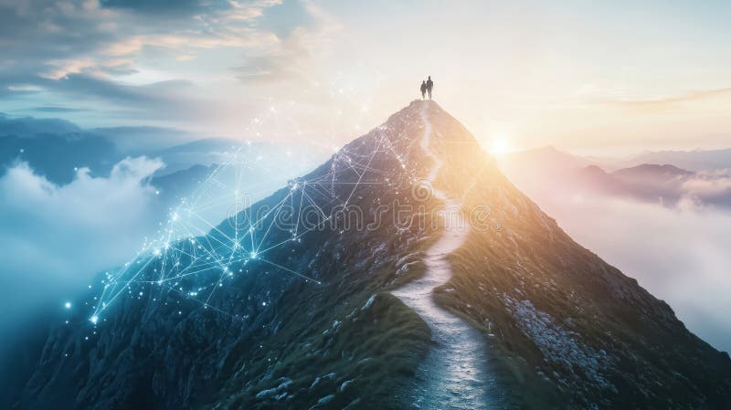 Hikers Reaching Mountain Peak with Global Network Connection at Sunset ...